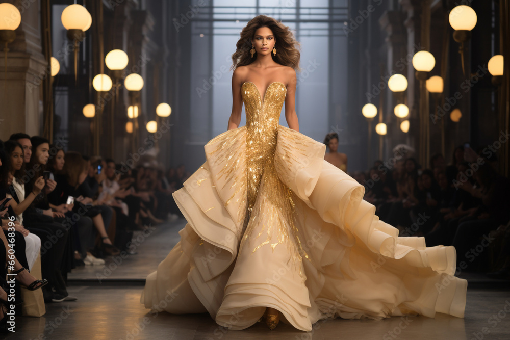 In a glamorous couture show, a female model in an exquisite gown ...