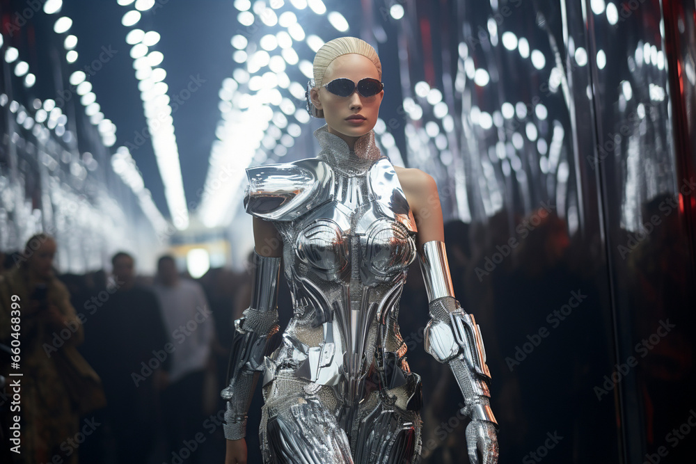 In a futuristic fashion show, a female model in metallic attire glides ...