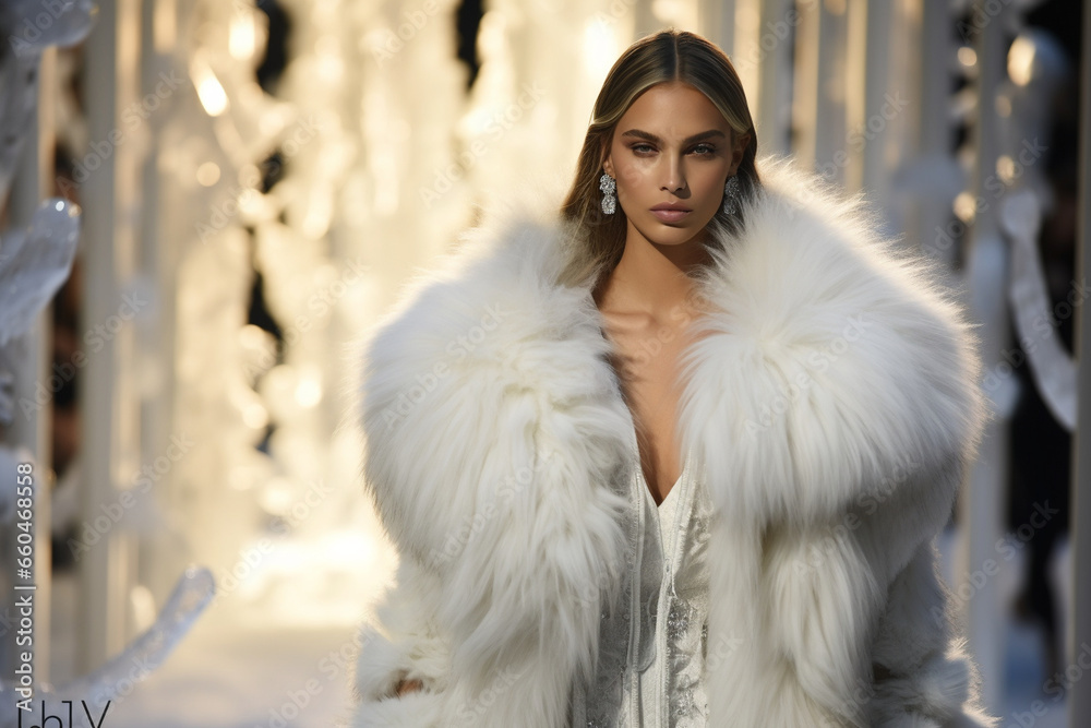 In a winter wonderland runway setting, a model in luxurious fur-lined ...