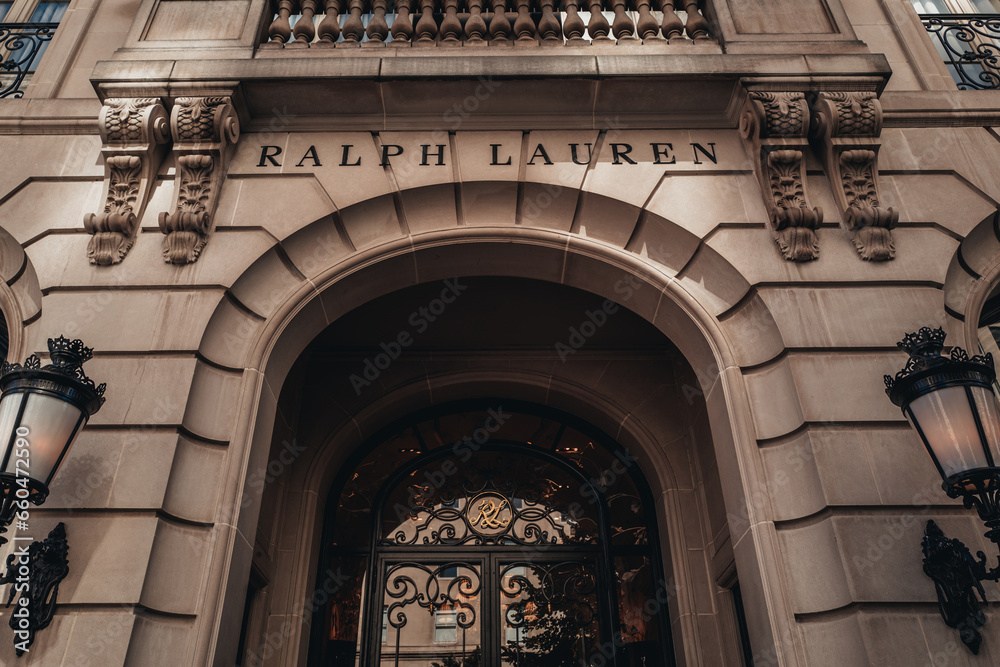 Street lamp and historic facade of Ralph Lauren famous boutique in ...