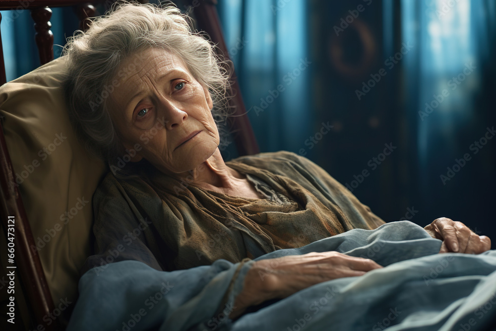 Sad serious Sick old lady lying at a hospital bed Stock Photo | Adobe Stock