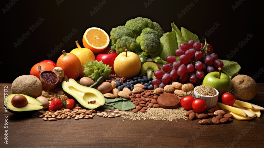 Nutritious diet with fiber rich foods antioxidants vitamins and protein ...