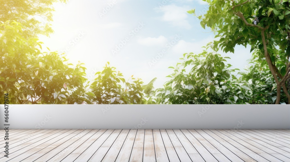 White garden wall with 3D rendering wooden terrace floor lattice fence ...