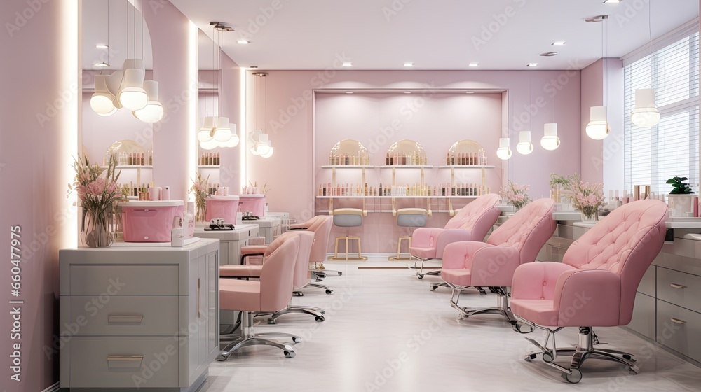 Modern beauty salon interior with manicure area featuring tables lamps ...