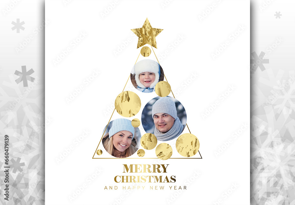 Christmas family photo card layout template with circle photo frames ...