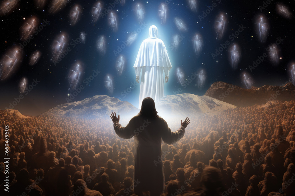 Rear view of Jesus Christ standing in front of large group of people ...