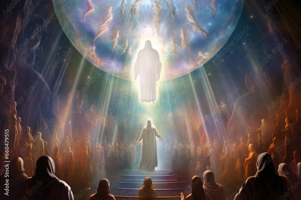 Abstract photo of Jesus Christ flying into sky with angels Stock ...