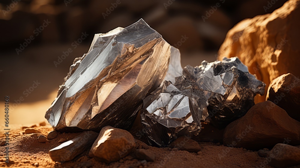 Silver ore on sand. Silver ore close up. Horizontal format for banners ...