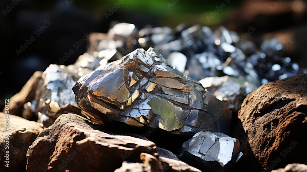 Silver ore glistens in the sun among the rocks. Silver ore close up ...