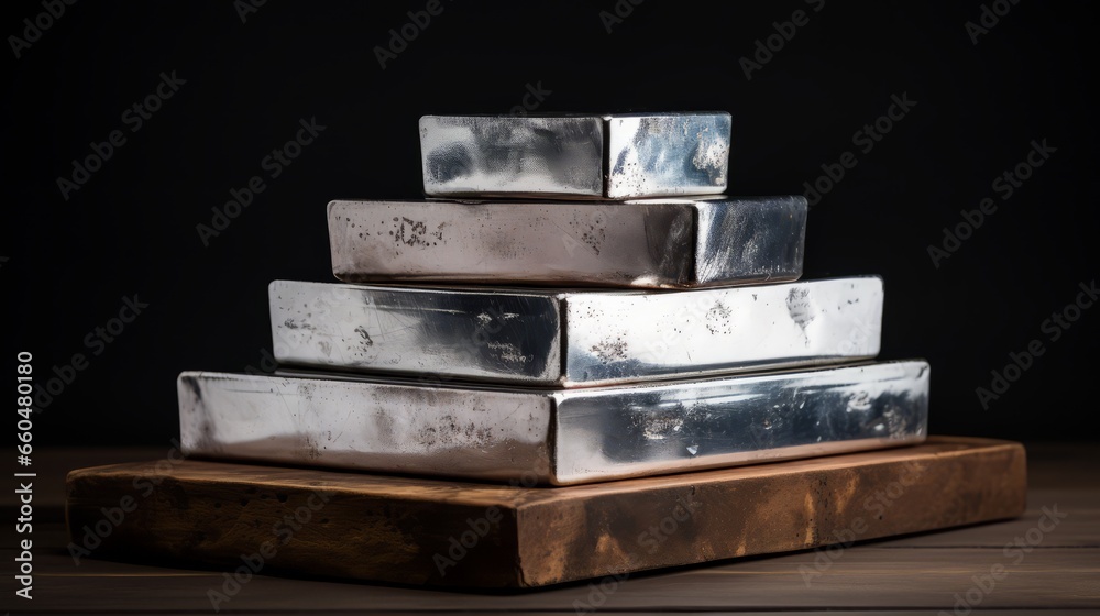 Shiny silver bars lie on the table. Expensive silver bars and silver ...