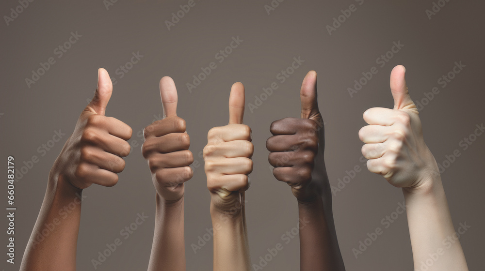 Diverse hands with thumbs up, a universal gesture of approval, same ...