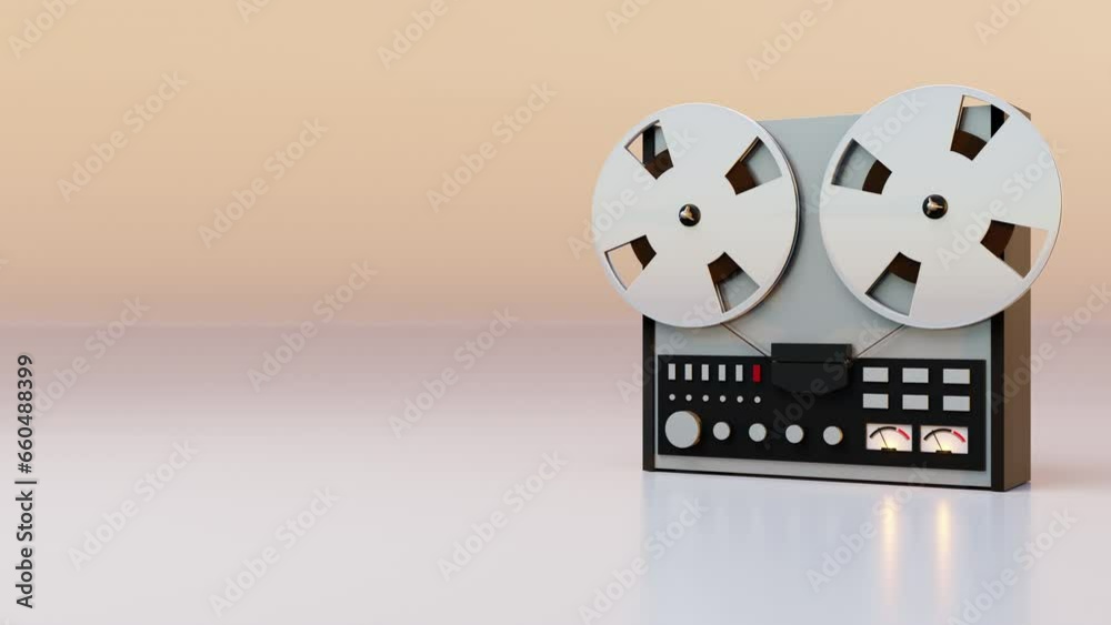 Vintage music and sound. 3D animation of retro reel-to-reel tape ...