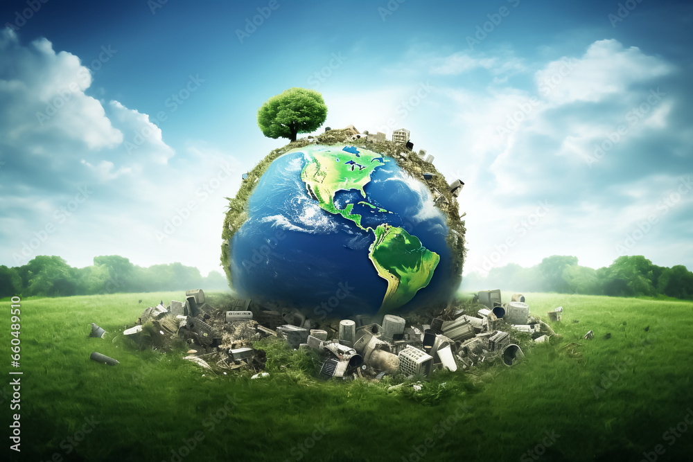 Planet Earth and garbage, trash, pollution. Climate crisis. War on the ...
