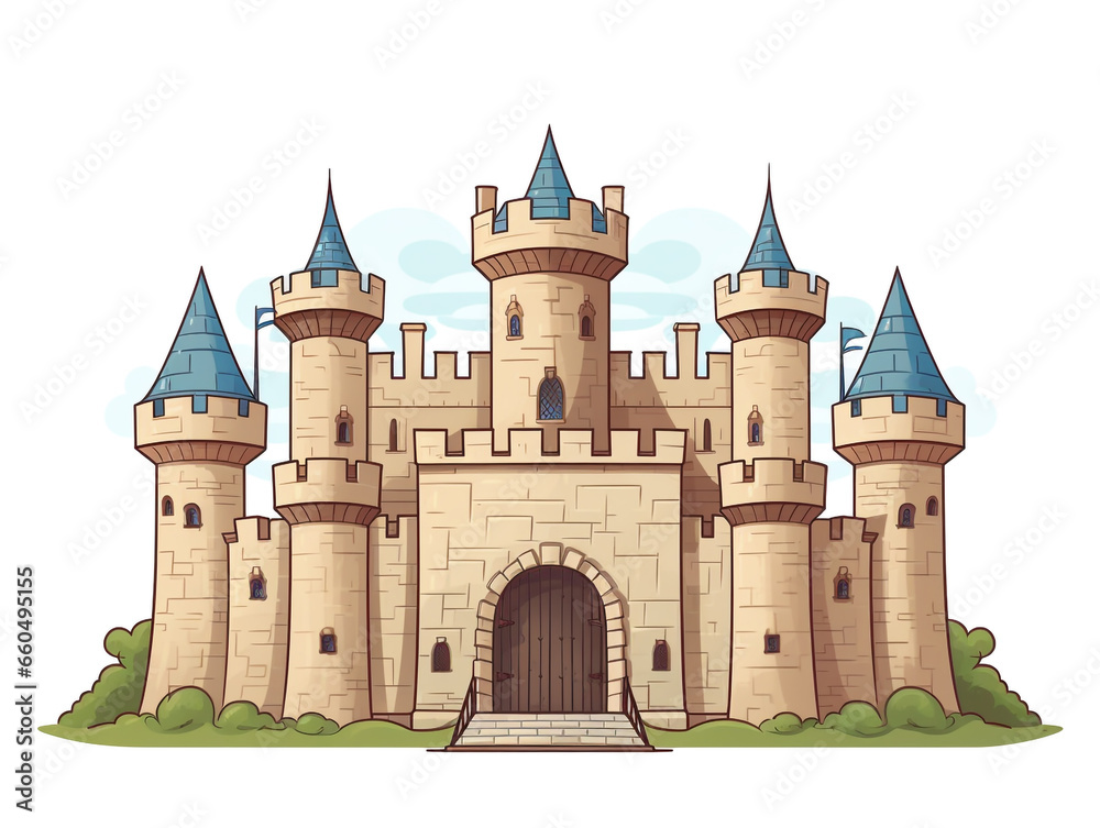A medieval castle. It is located on a hill and there is a green ...