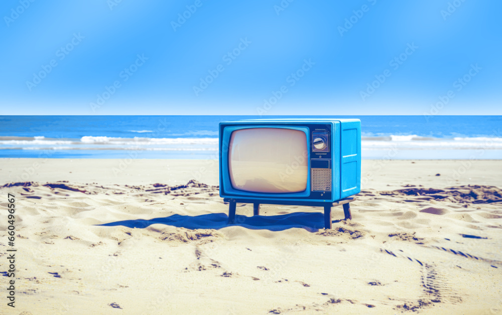 Blue TV on a sandy sea beach. Oceanfront television show in blue and ...