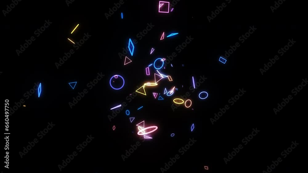 Abstract intro background animation of 3D neon shapes circles, triangles and squares randomly ...