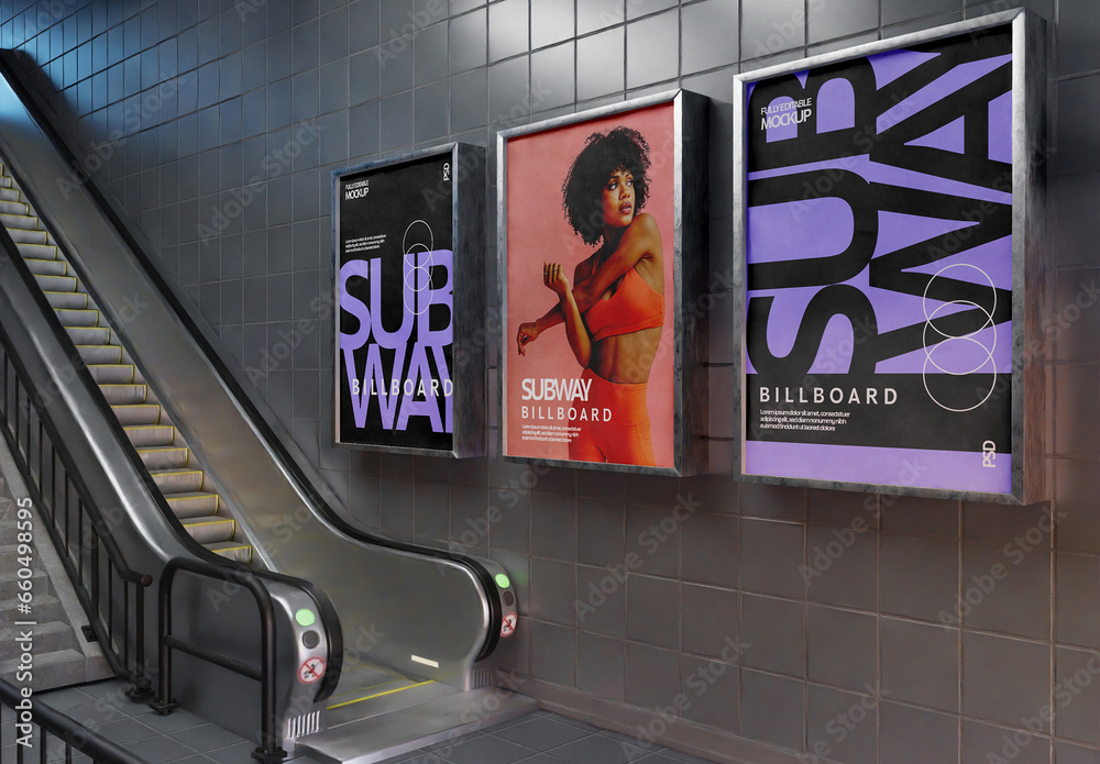 Three Vertical Subway Advertisement Mockup Stock Template | Adobe Stock