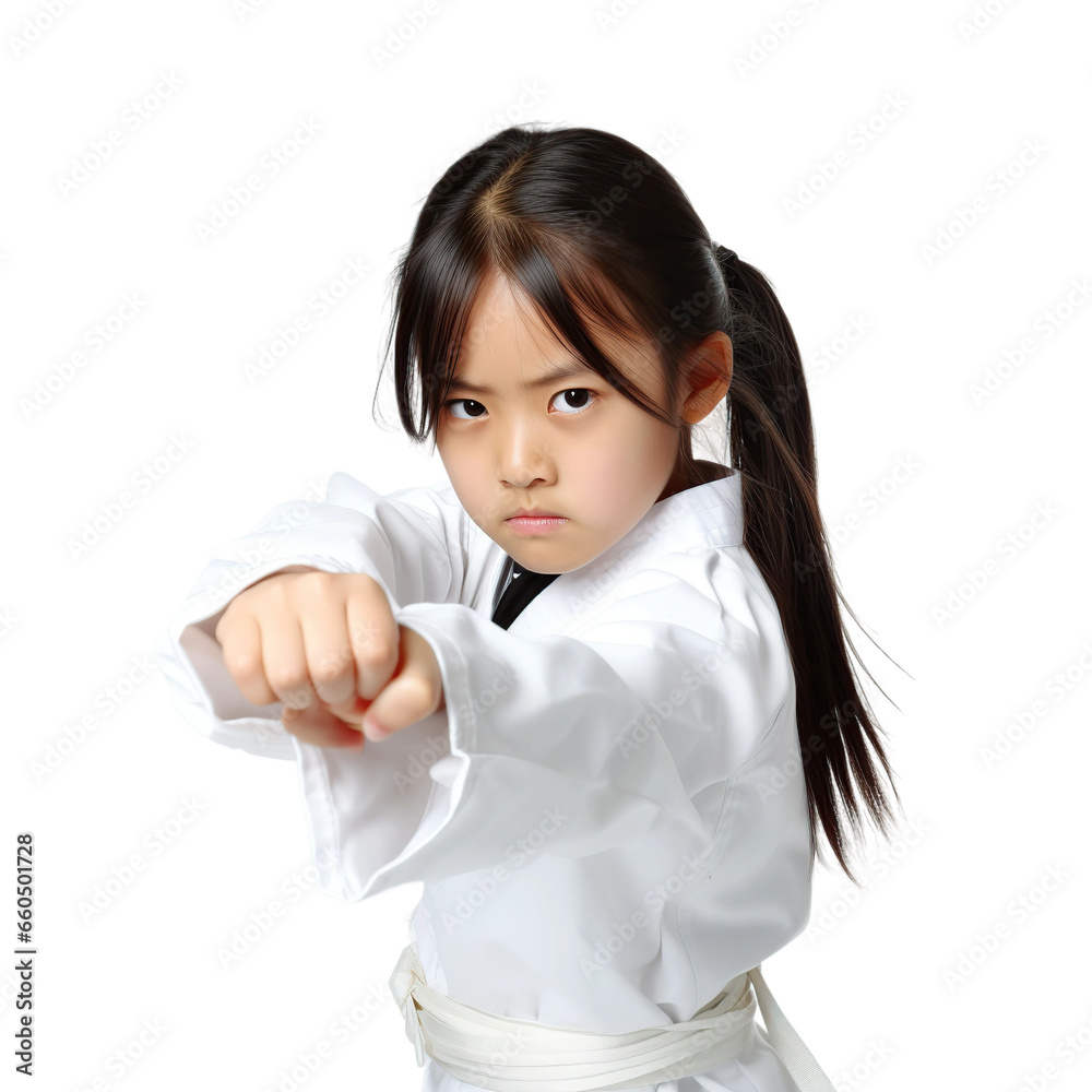 Asian girl fighting stance dressed in a karate uniform isolated on ...