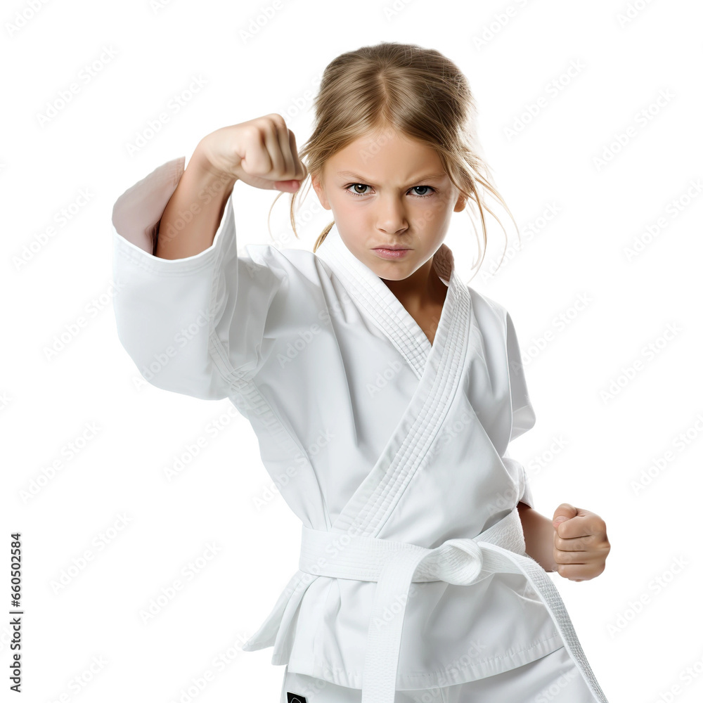 Smiling girl fighting stance dressed in a karate uniform isolated on ...