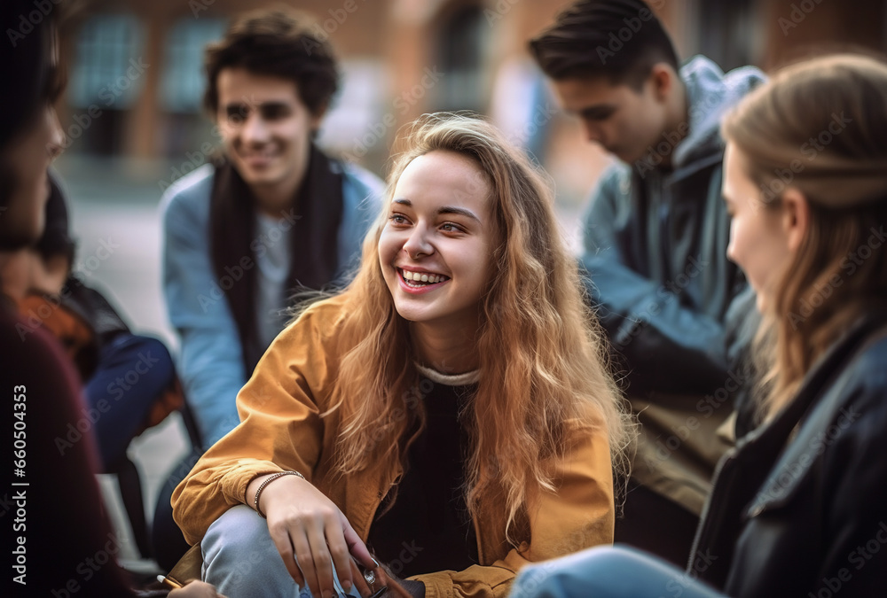 A candid photo of a diverse, smiling group of Gen Z teenagers laughing ...