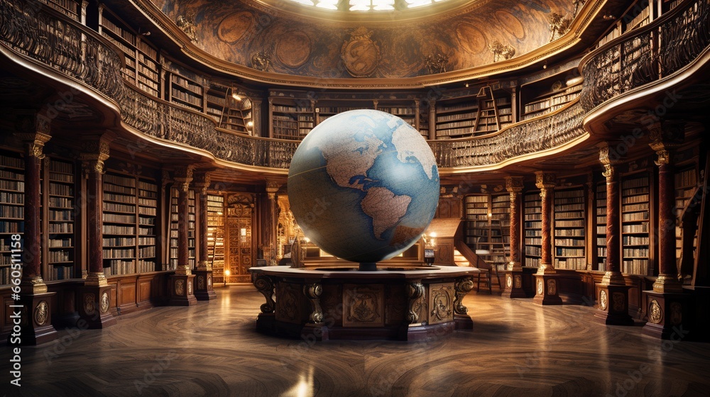 Ancient antique library with a large globe in the center, fantasy ...