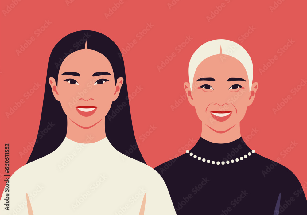 Faces of young and old Asian women. Aging process. Grandmother and ...