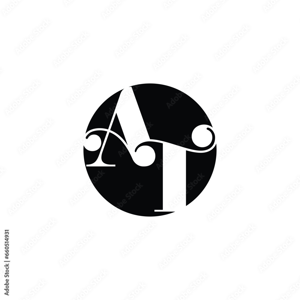 this image depicts an initial logo of letter AT in cursive handwriting ...