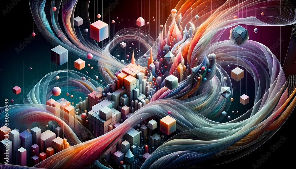 A surreal dance of geometric shapes. Cubes, spheres, and pyramids ...