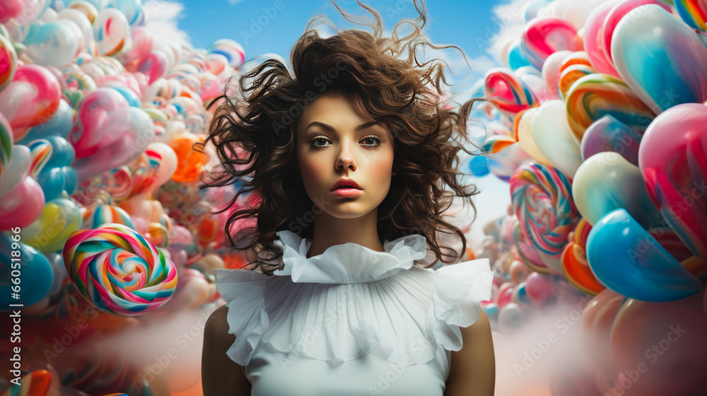 Enthralling young woman transforming into a vibrant candy tornado ...