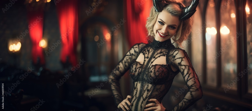 Beautiful Smiling Woman wearing Dessous inspired by the Devil Demon Hell Pact Look - Sinful ...