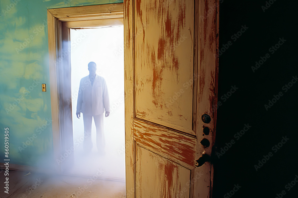 Spooky silhouette of an unrecognizable male ghost standing eerily in a ...