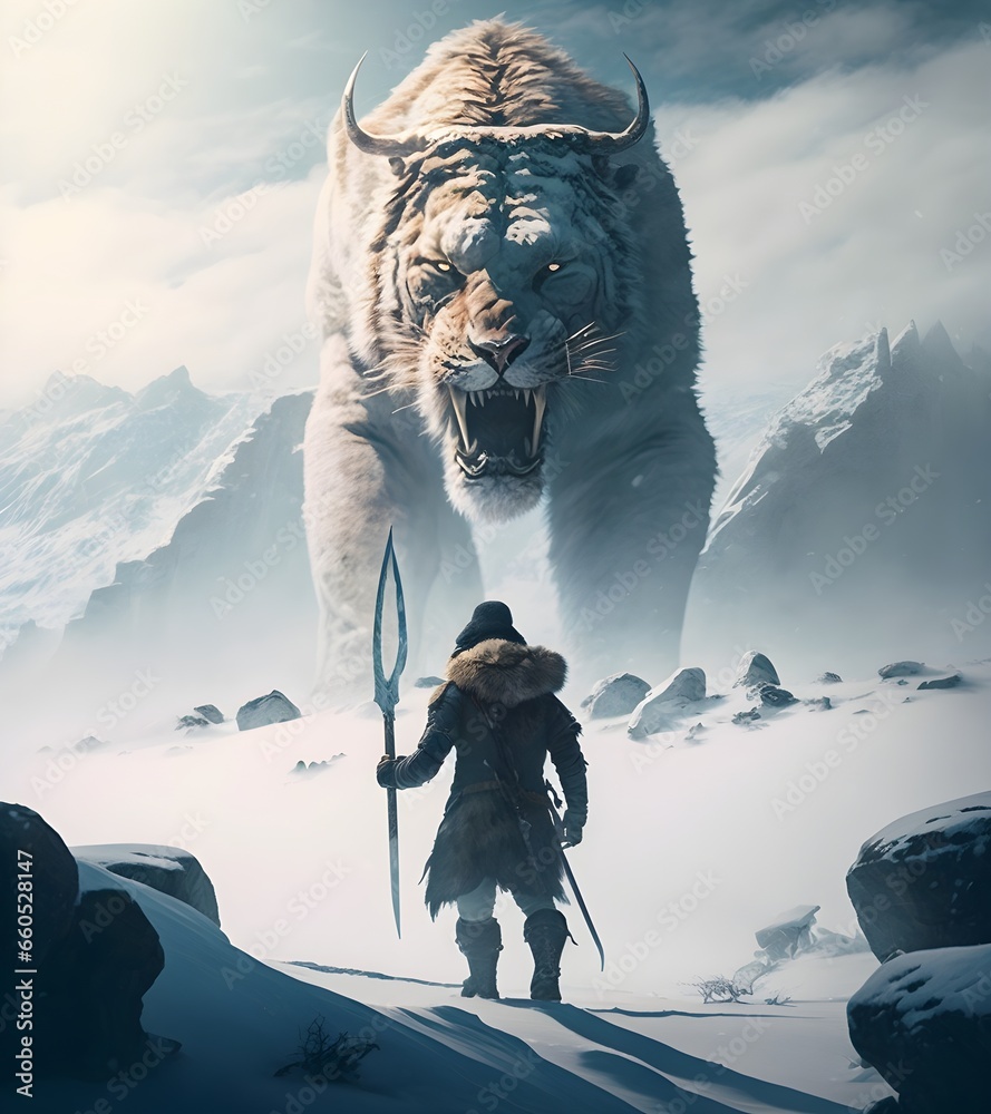 hunter holding spear encounters sabertooth smilodon on snowy ...
