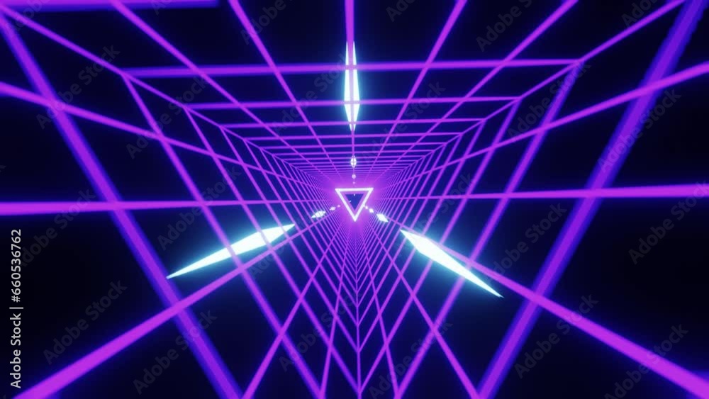 Seamless loop retro 1980s animation triangle grid synthwave tunnel ...