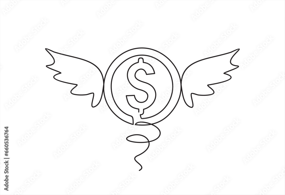 continuous line drawing of dollar coin with wings. Flying money ...