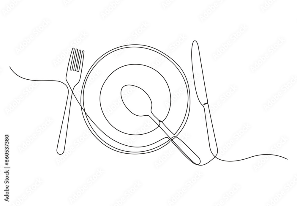 Continuous one line drawing cutlery, cooking utensils. Fork, Knife and ...