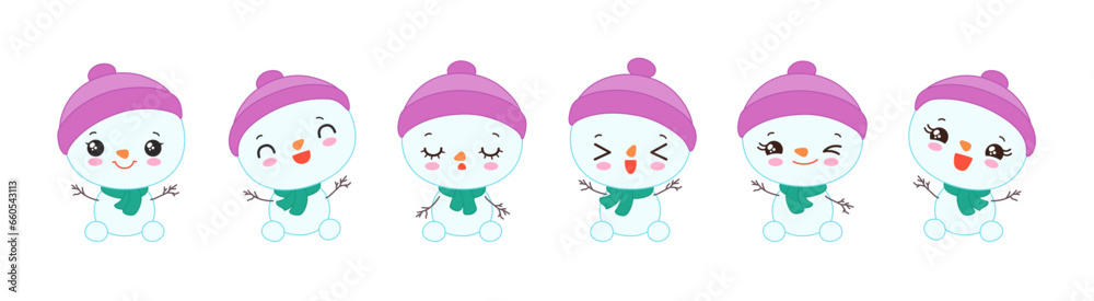Cute snowman kawaii style. Fun Christmas character. Snowman emoticon ...