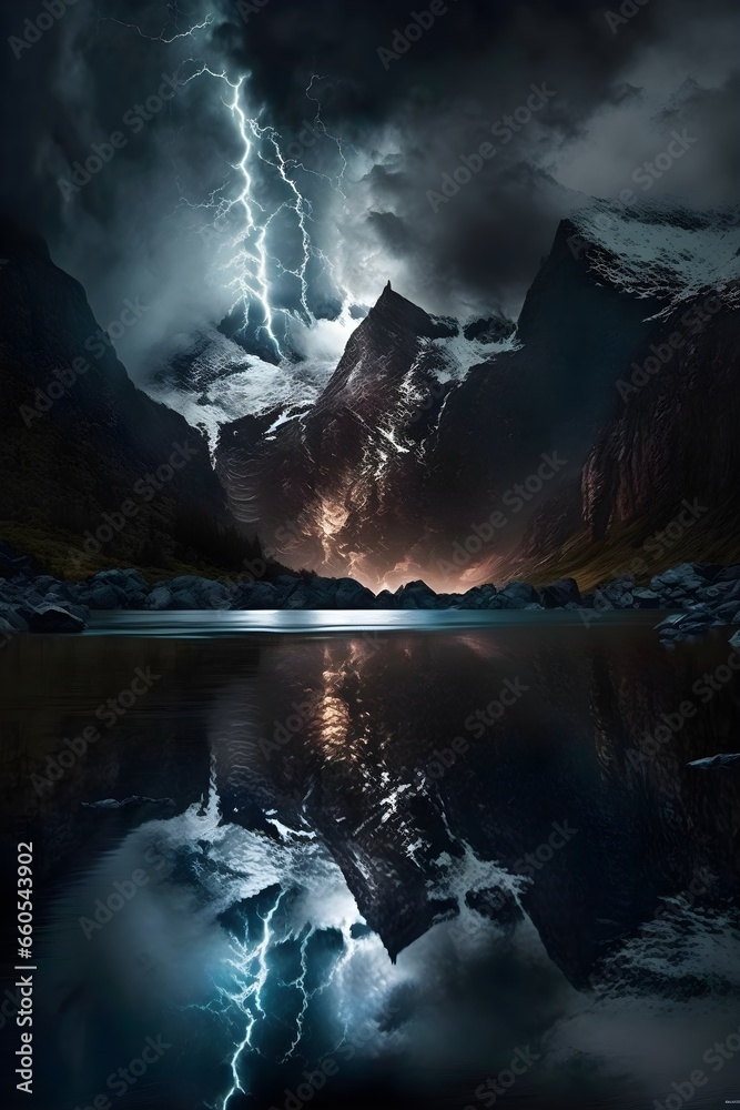 a mountain range with a lake and waterfalls at the bottom and a ...