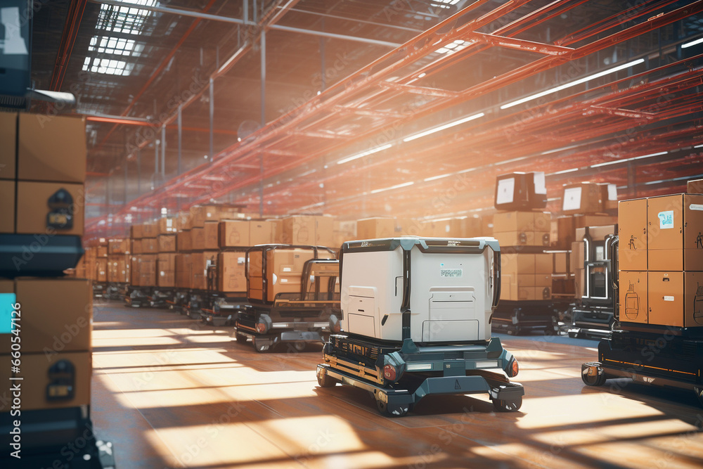 In an advanced distribution center, self-guided carts navigate the ...