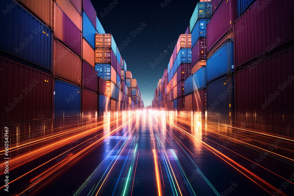 In a high-capacity container yard, rows of shipping containers are ...