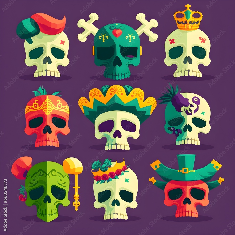 mardi gras voodoo skulls cartoon illustration clean background flat 2D ...