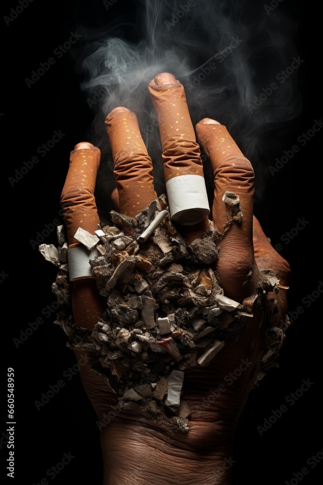 hand depicted as an ashtray with fingers - used cigarettes surrounded ...