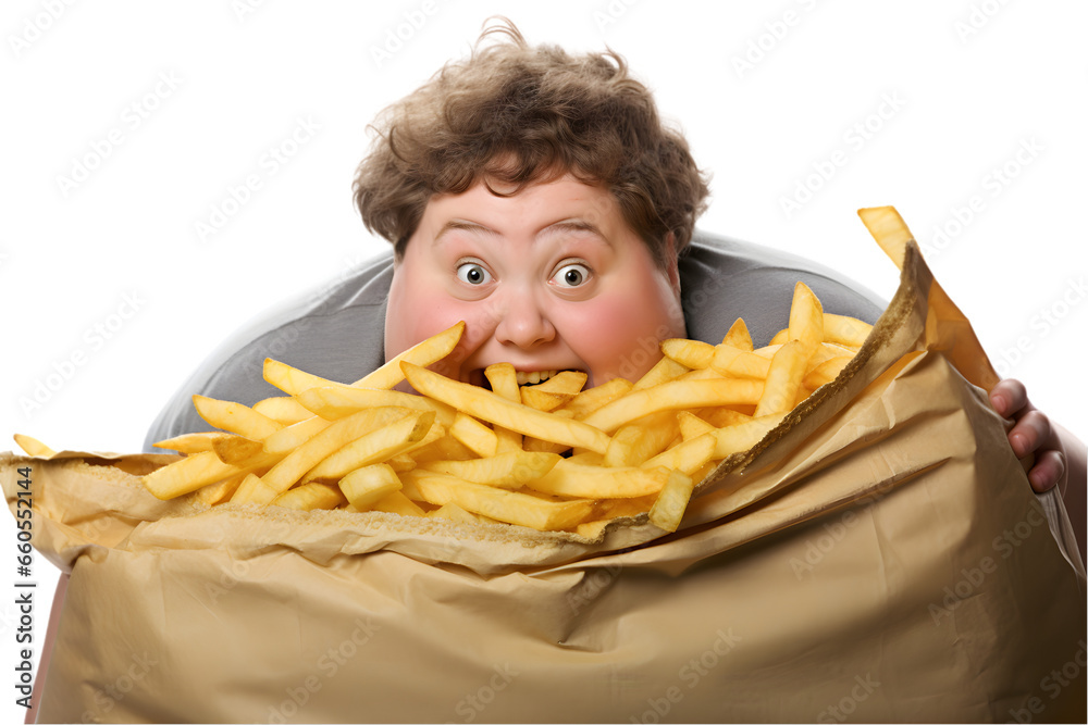 obese kid eating from a huge bag of french fries with a satisfied look ...