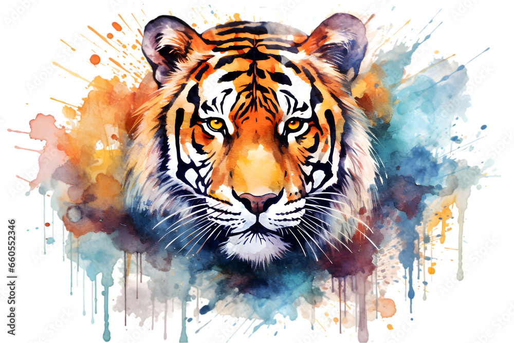watercolour illustration of a tiger portrait with splashes of ...