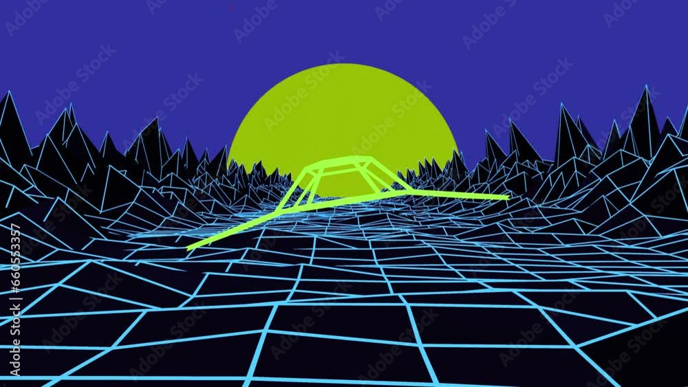 Seamless loop retro 1980s animation with starship silhouette flying ...