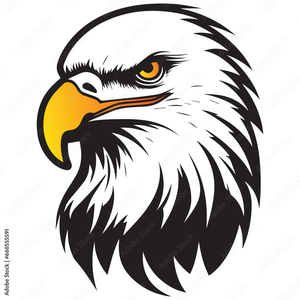 Vector illustration of a bald eagle head drawing with yellow beak and ...