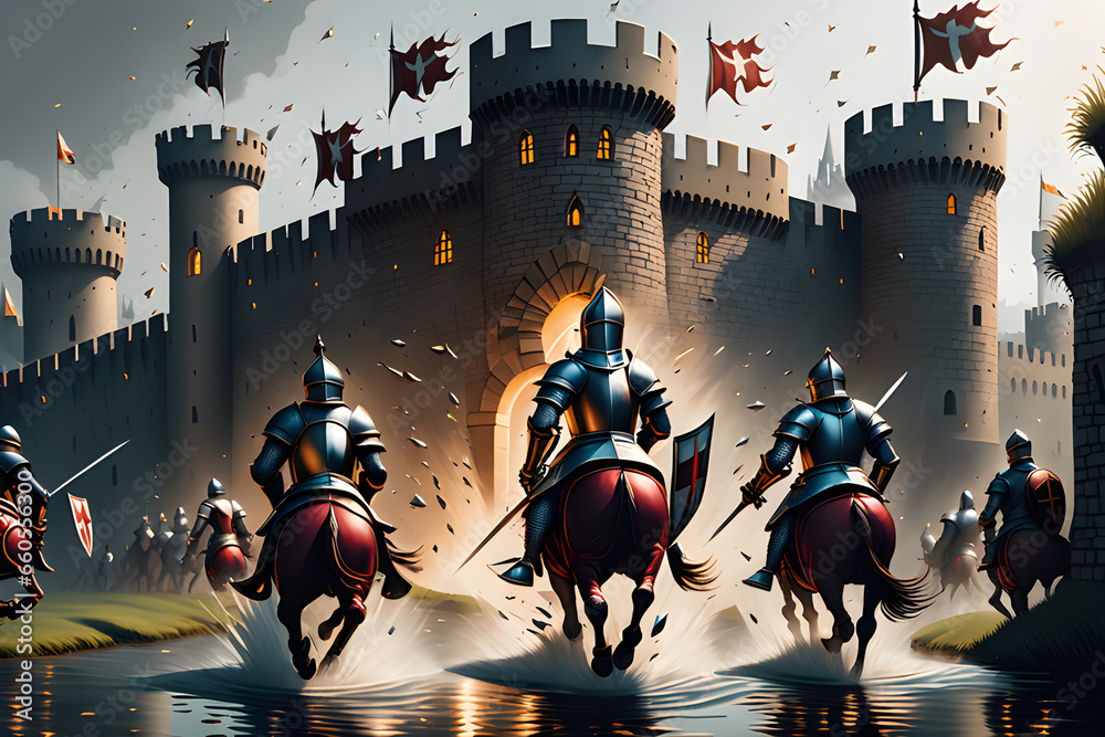 knights-in-armor-charging-into-a-medieval-castle-with-moat Generative ...
