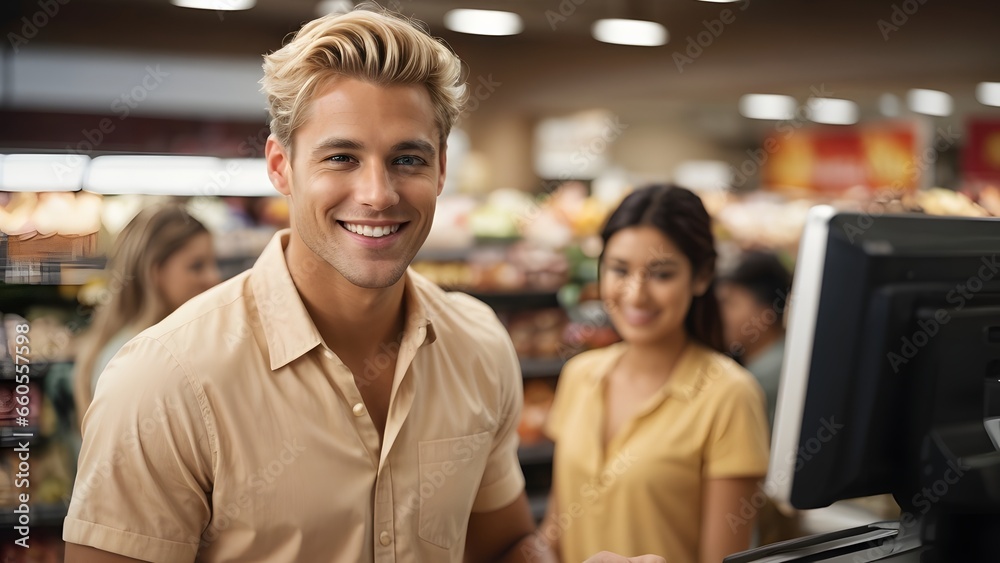 a photo of a beautiful blonde handsome male cashier smiling at the ...