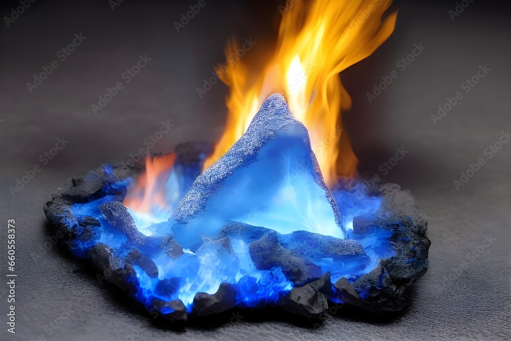 hyper-realistic macro shoot of blue fire burning on the wet stone Stock ...