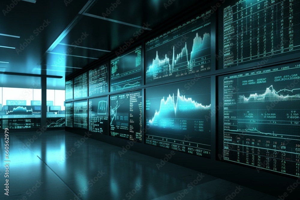 A depiction of a stock exchange trading floor with stock market data ...