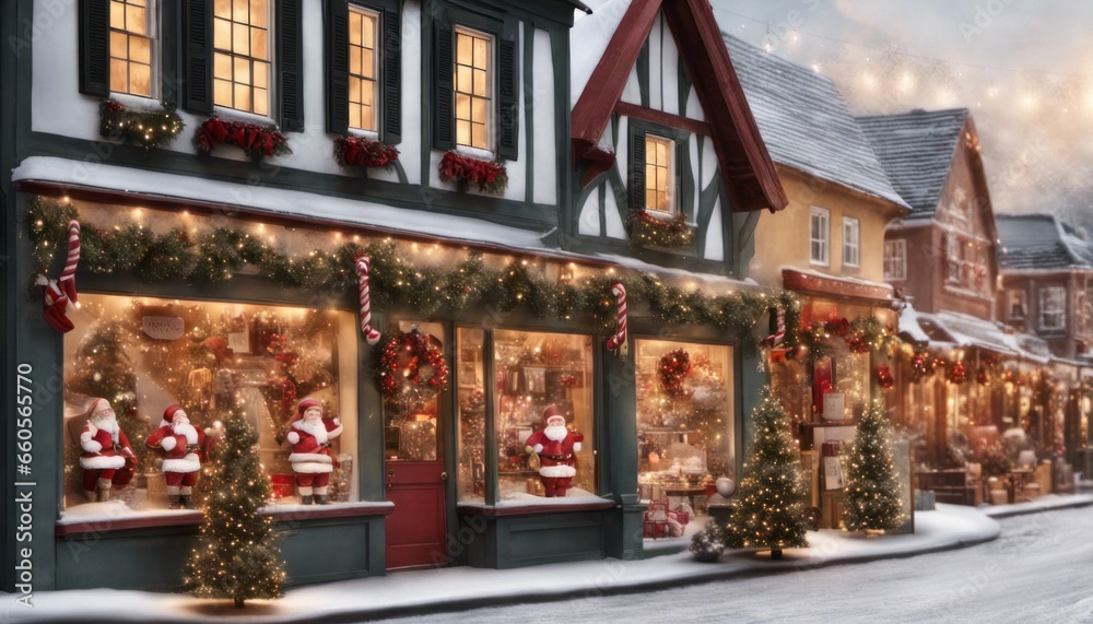 A beautiful Christmas village scene with blank signs on the storefronts ...